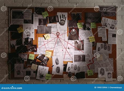Detective Board With Fingerprints Photos Map And Clues Connected By Red String On White Brick