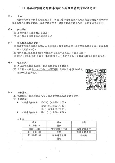 111年高雄市觀光計程車駕駛人英日語基礎會話班 高雄中華大車隊 中華正大車隊