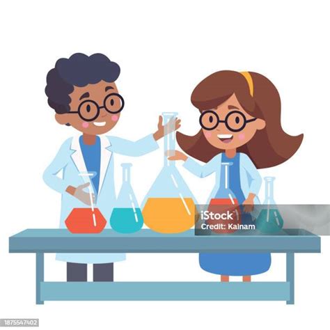 실험실에서 유리 제품을 다루는 여성 및 남성 과학자 귀여운 과학 연구 개념입니다 아이의 만화 평면 디자인 벡터 일러스트 레이 션 과학자에 대한 스톡 벡터 아트 및 기타