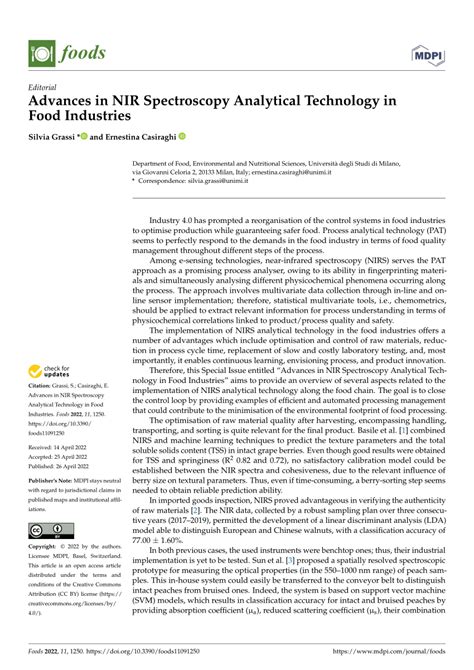 Pdf Advances In Nir Spectroscopy Analytical Technology In Food Industries