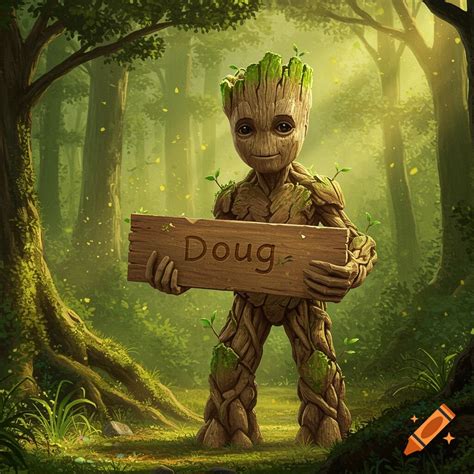 A Tree Like Character Groot Stands In A Sunlit Forest Holding A