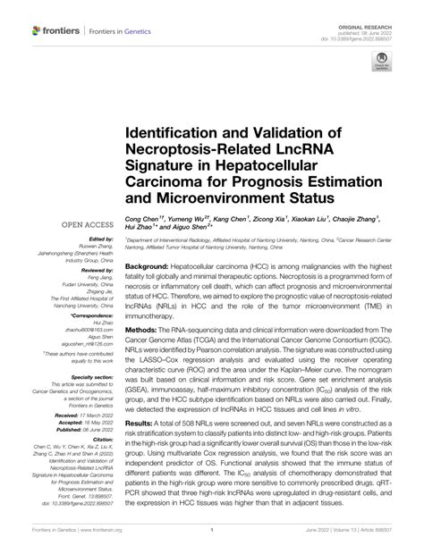 Pdf Identification And Validation Of Necroptosis Related Lncrna Signature In Hepatocellular