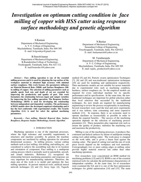 Pdf Investigation On Optimum Cutting Condition In Face Milling Of Copper With Hss Cutter Using