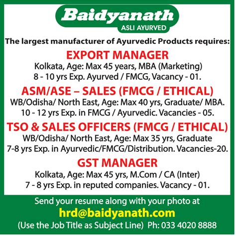 Export Manager Job Vacancy At Baidyanath