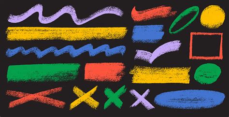 색깔 손으로 그린 크레용 취소선 선 파도 아이 스타일 다른 그런지 낙서 밑줄 음표 세트를위한 숯불 공격 벡터 마커 또는 크레용 줄무늬 곱슬 선 연필 칸막이 0명에 대한 스톡