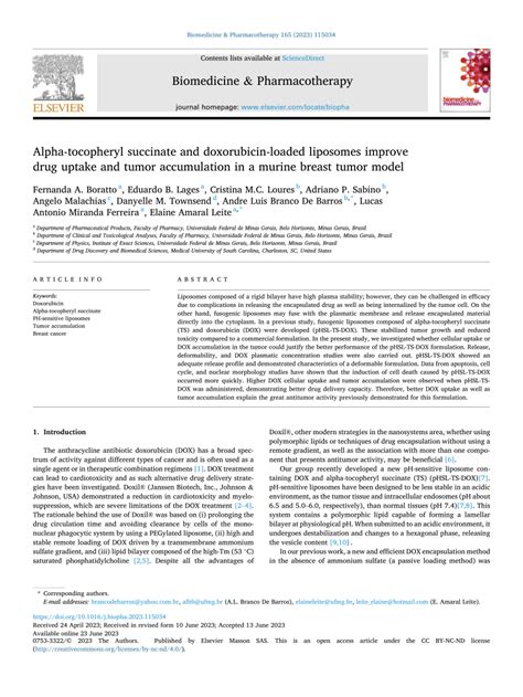 Pdf Alpha Tocopheryl Succinate And Doxorubicin Loaded Liposomes