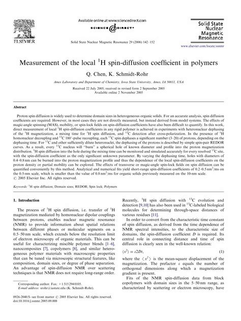Pdf Measurement Of The Local 1h Spin Diffusion Coefficient In