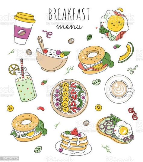 아침 음식 그림의 집합입니다 건강 한 아침 식사 메뉴 디자인입니다 편집 가능한 스트로크 베이글에 대한 스톡 벡터 아트 및 기타 이미지 베이글 낙서 드로잉 달걀