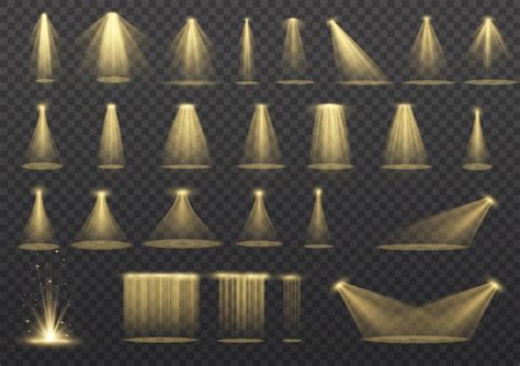 빛나는 골드 스포트 라이트 노란색 특수 조명 효과 스파크 디자인 황금 반짝이 광선 벡터 요소 프리미엄 벡터