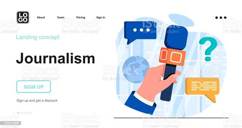 저널리즘 웹 개념 기자 핸드가 마이크를 들고 있다 뉴스 프로그램 대중 매체 기자 회견 사용자 장면의 템플릿입니다 웹 사이트에 대한 평면 디자인에서 캐릭터 활동이있는 벡터