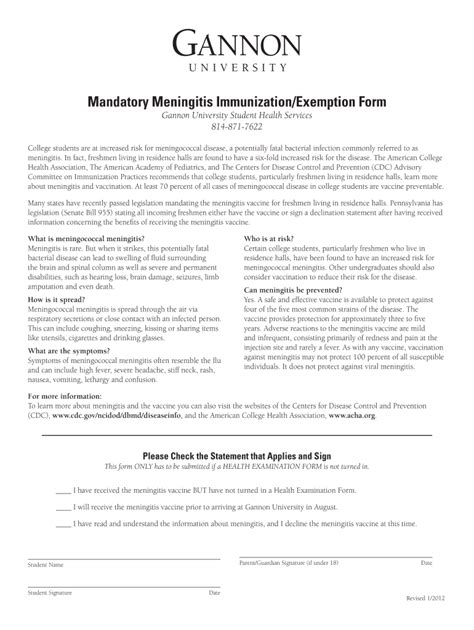 Fillable Online Gannon Mandatory Meningitis Immunizationexemption Form