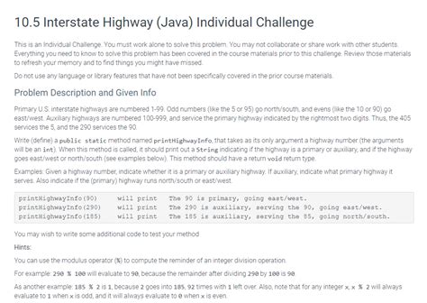 Solved 105 Interstate Highway Java Individual Challenge