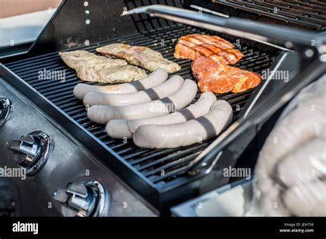 Barbecue Grill Bbq On Propane Gas Grill Steaks Bratwurst Sausages Meat