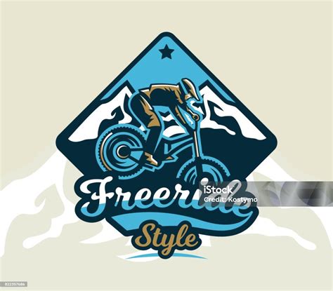 화려한 아이콘 상징 상표 산 고립 된 벡터 일러스트 레이 션의 배경에서 산악 자전거 트릭을 수행 하는 클럽 라이더 클럽 다운 힐 프리 라 이드입니다 T셔츠에 인쇄 합니다