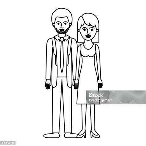 몇 흑백 실루엣과 정장 및 넥타이 및 바지 및 짧은 머리와 수염 수염과 구두와 드레스와 함께 그녀와 뒤꿈치 신발 중간 길이