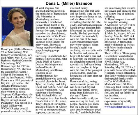 Dana L Miller Branson Obituaries Journal