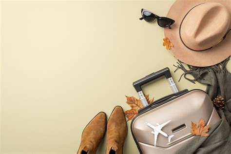 수업의 손길로 가을 도주 회색 여행 가방 고급스러운 캐시미어 스카프 세련된 부츠 차분한 연한 녹색 배경에 펠트 모자를 표시하여 광고나 텍스트를 위한 준비 가을에 대한 스톡