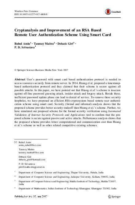 Pdf Cryptanalysis And Improvement Of An Rsa Based Remote User Authentication Scheme Using