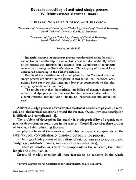 Pdf Dynamic Modelling Of Activated Sludge Process Iv Multivariable