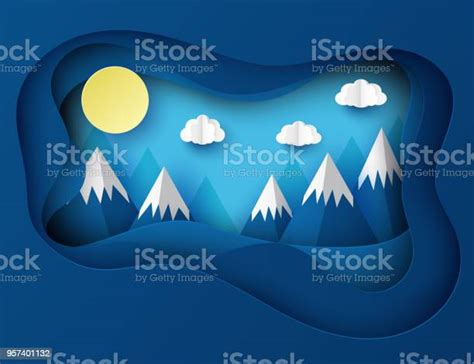 눈 하얀 솜 털 구름 푸른 하늘 산 아트 종이 접기 프리 종이 자연 풍경과 여행의 개념의 그림입니다 종이 잘라 깊은 스타일 벡터 배경 주제에 대한 스톡 벡터 아트 및 기타