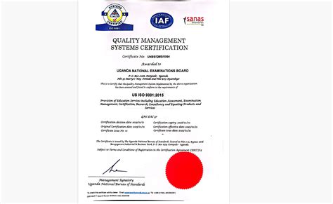 Uneb Awarded Iso 90012015 Quality Management Systems Certificate Uneb