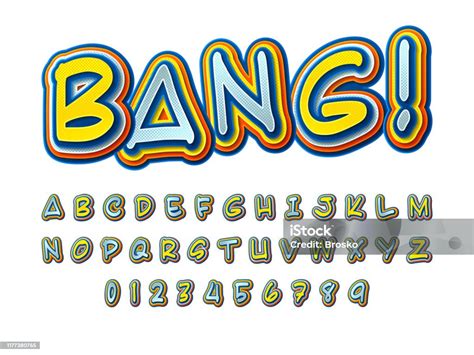 재미있는 만화 글꼴 팝 아트 스타일의 아이의 알파벳 어린이 일러스트 포스터 광고 장식을 위한 흰색 배경에 하프톤 효과가 있는 다층 노란색파란색 문자 1980 1989 년에