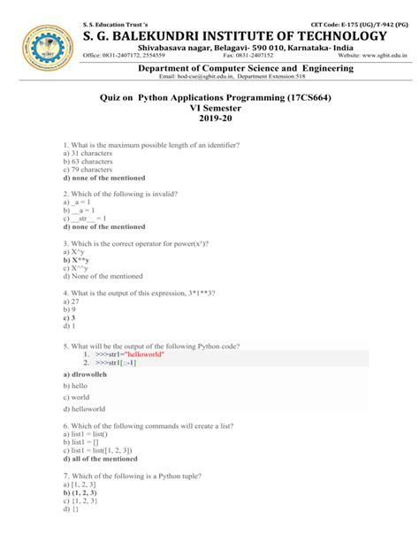 Python Programming Quiz Sgbit