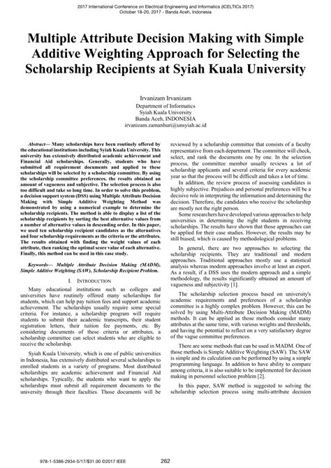 Pdf Multiple Attribute Decision Making With Simple Additive Weighting Approach For Selecting
