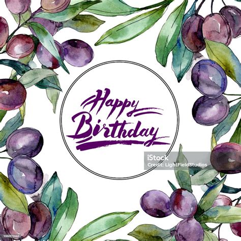 블랙 올리브 분기 합니다 녹색 잎입니다 수채화 배경입니다 라운드 프레임입니다 행복 한 생일 필기 모노 그램 서 예입니다 그리기에 대한 스톡 벡터 아트 및 기타 이미지