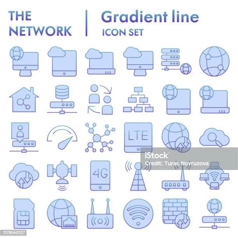 네트워크 평면 아이콘 세트 인터넷 기호 컬렉션 벡터 스케치 로고 일러스트 레이션 컴퓨터 웹 표지판 파란색 그라데이션 Pictograms 패키지 흰색 배경에 격리 Eps 10