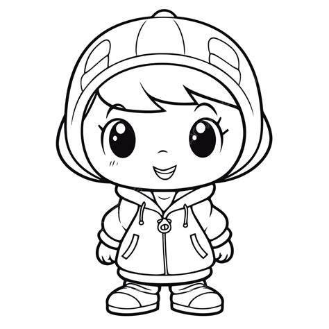 재킷을 입은 행복한 어린 소녀를 위한 그림 색칠 페이지 개요 스케치 드로잉 벡터 만화 스타일 그리기 만화 스타일 개요 만화 스타일 스케치 Png 일러스트 및 벡터 에