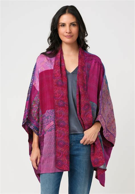 Mieko Mintz Vintage Silk Georgette Kantha Double Collar Poncho In