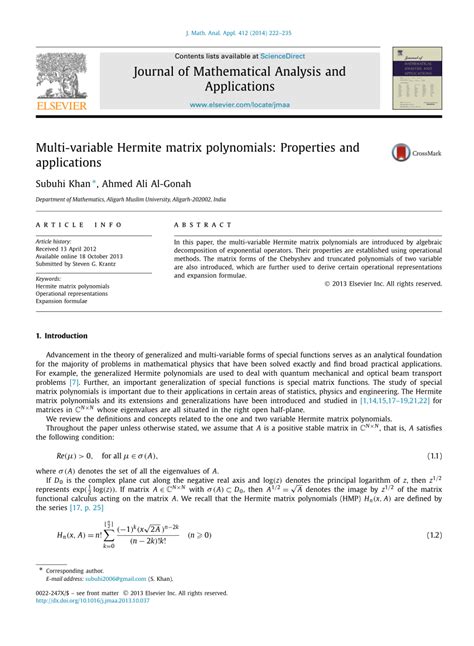 Pdf Multi Variable Hermite Matrix Polynomialsproperties And Applications