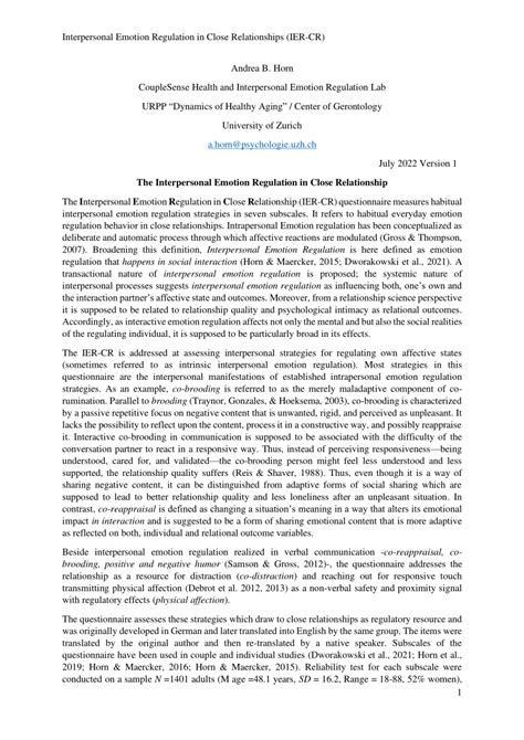 Pdf Interpersonal Emotion Regulation In Close Relationships Questionnaire Ier Cr