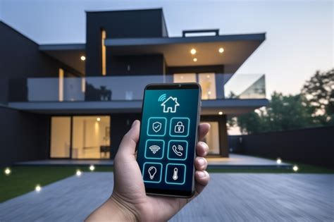 Premium AI Image Hand Using A Smart Phone App Outside Of The Modern Smart Home