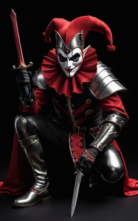 Black And Red Jester Wearing A Blank Full Chrome Mas