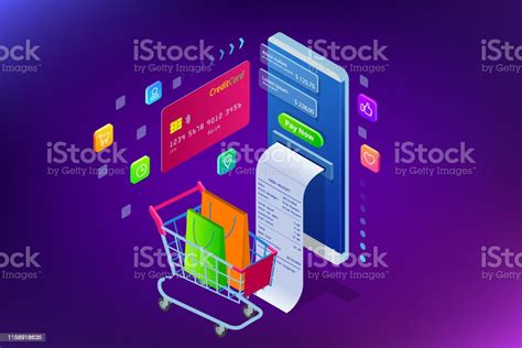 온라인 쇼핑 판매 소비주의 및 온라인 상점 아이소메트릭 스마트 스마트 폰 온라인 쇼핑 템플릿 모바일 마케팅 및 전자 상거래 벡터