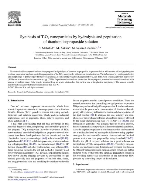 Pdf Synthesis Of Tio2 Nanoparticles By Hydrolysis And Peptization Of