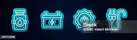 라인 프로판 가스 탱크 자동차 배터리 전원 버튼 및 전기 플러그를 설정합니다 빛나는 네온 아이콘입니다 벡터 가연성에 대한 스톡 벡터 아트 및 기타 이미지 Istock