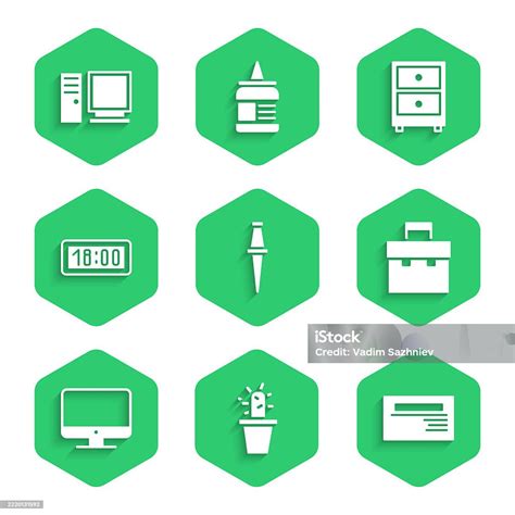 푸시 핀 선인장 및 다육 식물 냄비 명함 서류 가방 컴퓨터 모니터 화면 디지털 알람 시계 문서 및 아이콘이있는 서랍을 설정합니다 벡터 가방에 대한 스톡 벡터 아트 및 기타