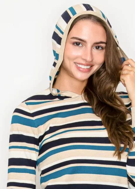 Striped Knit Hoodie In Blue And Beige Modest Women Clothing Yal New