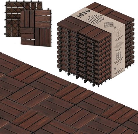 Interlocking Deck Tiles 10 Pieces Waterproof Acacia Wood Patio Tiles