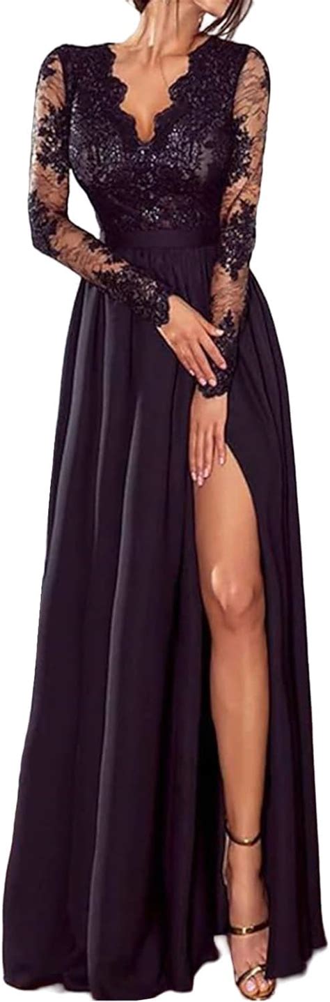 Kjderwei Lace Chiffon A Line Formal Dress V Neck Floor Length Long Sleeves Evening