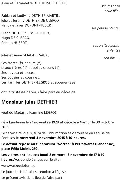 Avis De Décès De Jules Dethier Décédé Le 30 10 2015 à Namur Annonce Condoléances Fleurs Etc