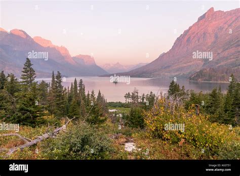 Sunrise Over St Marys Lake In Glacier National Park Montana Usa Goose Island Is Visible