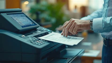 Hand Operating A High Tech Printer In An Office Setting Focused On