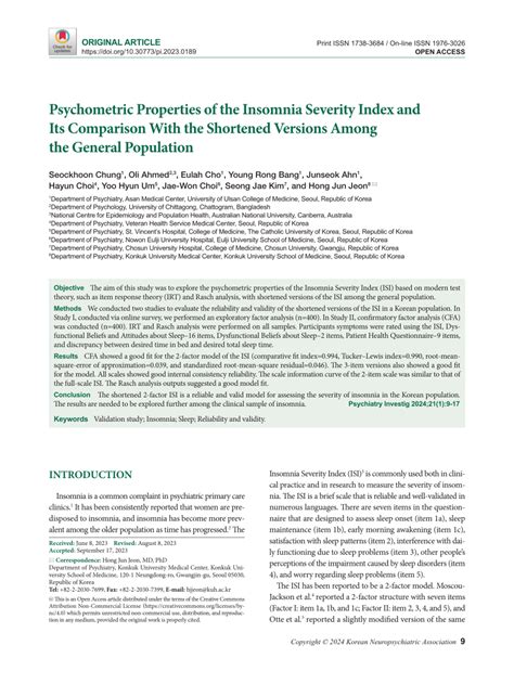 Pdf Psychometric Properties Of The Insomnia Severity Index And Its Comparison With The