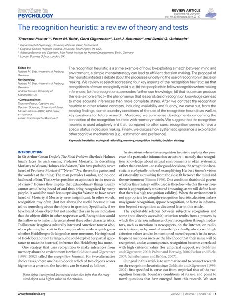 Pdf The Recognition Heuristic A Review Of Theory And Tests