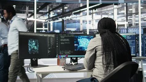 Data Center Staff Member In Office Using Ai Deep Learning Algorithms Technology Stock Footage