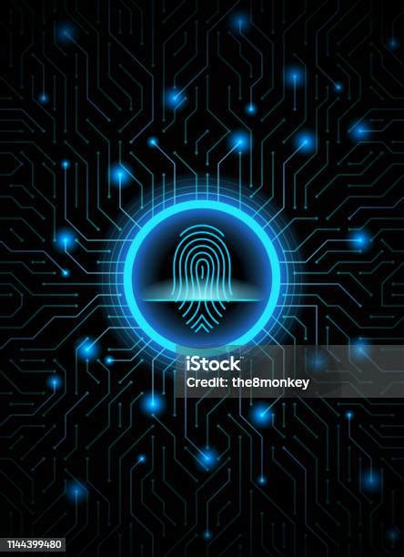 사이버 보안 지문 다크 블루 추상적 인 디지털 개념 기술 배경 컴퓨터 기술 웹 사이트 인터넷 인포 그래픽 손가락 인쇄 스캐닝